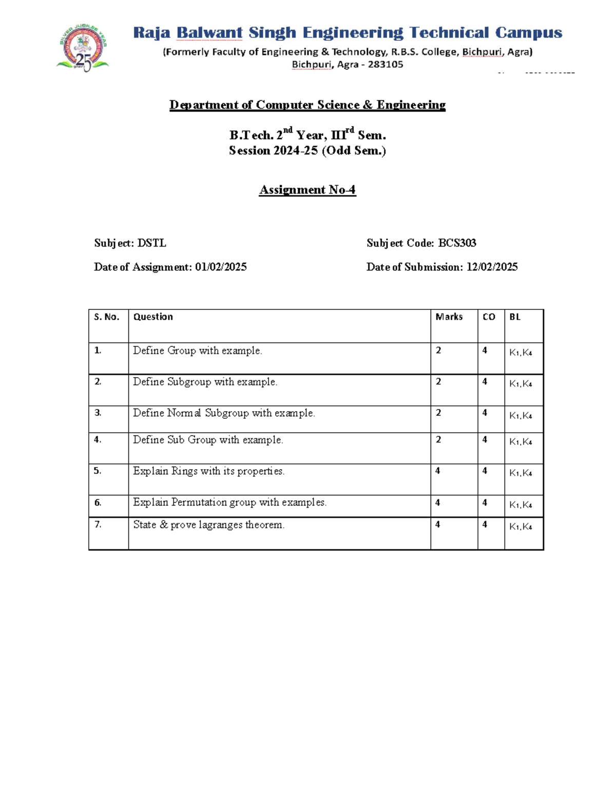 BCS303 DSTL Assignment: Group Theory Concepts & Examples - Studocu