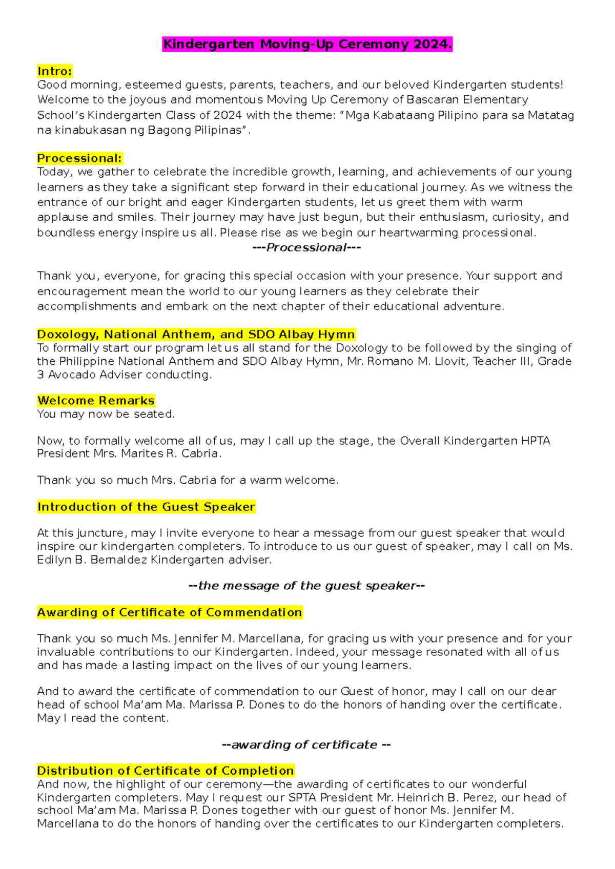 Kindergarten Moving-Up Ceremony Script 2024 at Bascaran Elementary ...