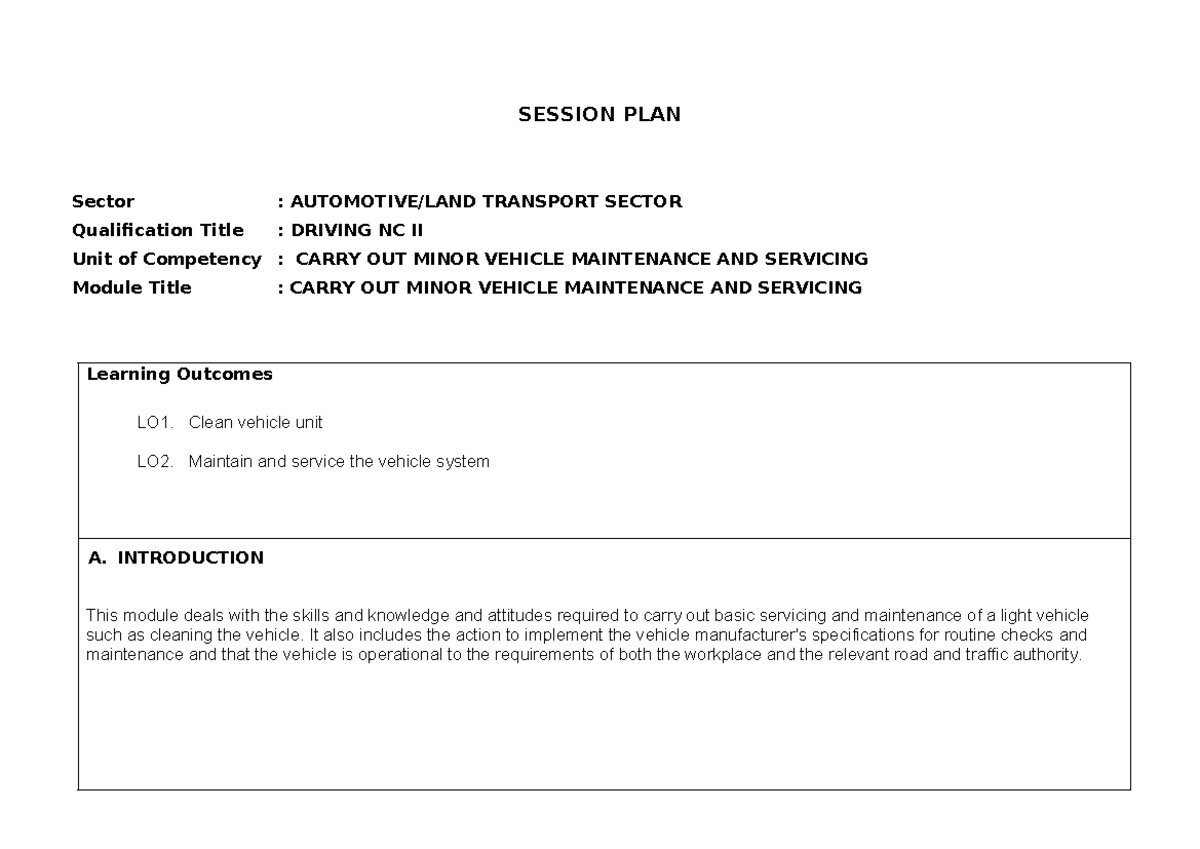 SESSION PLAN: CARRY OUT MINOR VEHICLE MAINTENANCE (DRIVING NC II) - Studocu