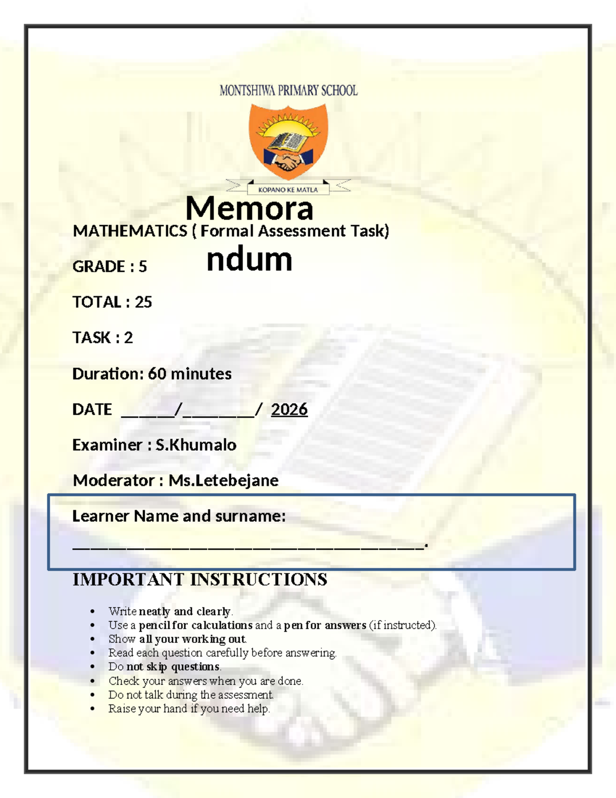 MATHEMATICS GRADE 5 Formal Assessment Task 2 Memo - Studocu