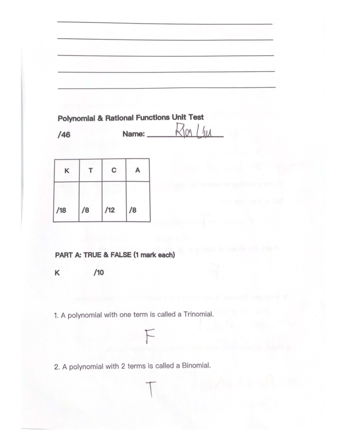 Polynomial Rational Functions Unit Test KTCA - Ria Liu - Studocu