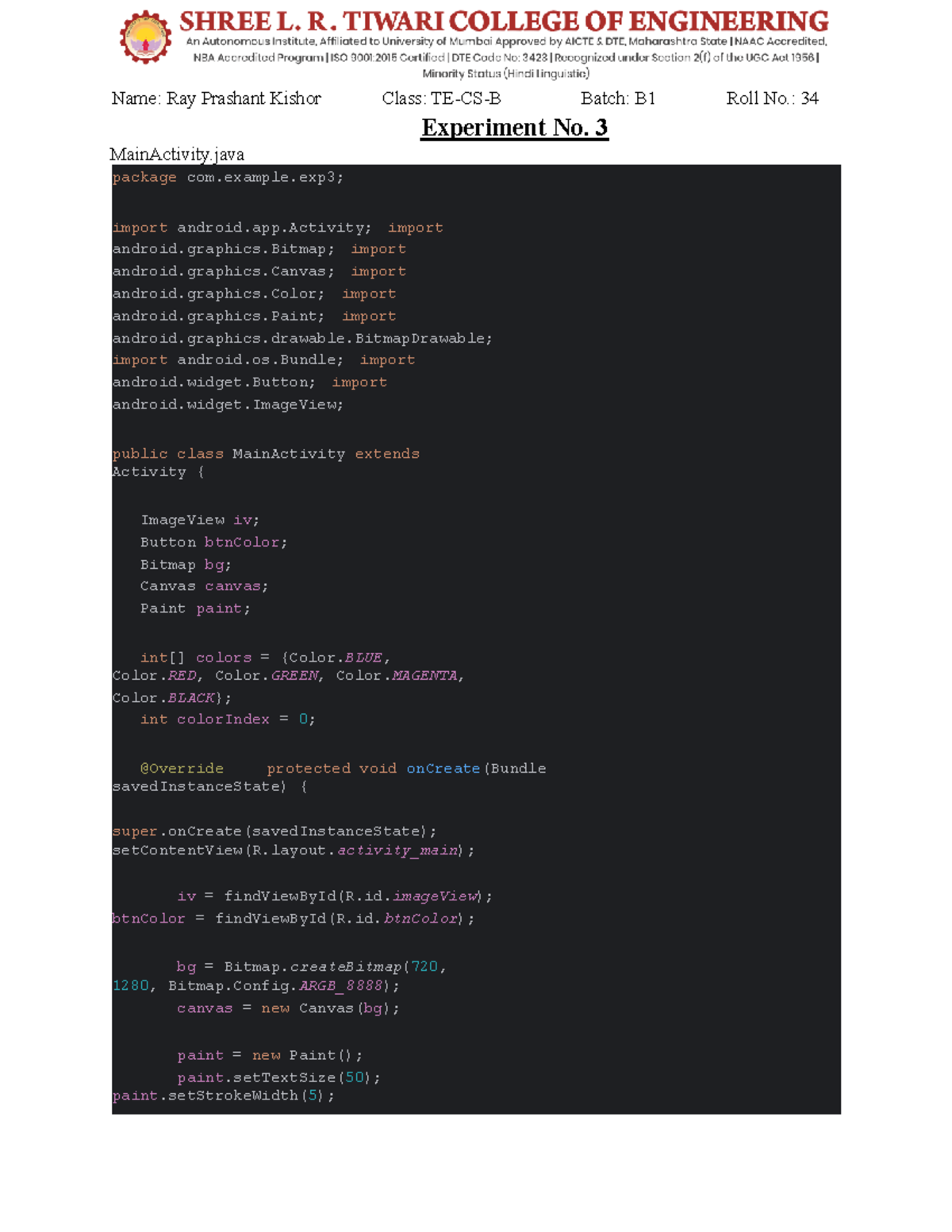 MC EXP 3 - MainActivity.java Implementation and Color Drawing - Studocu
