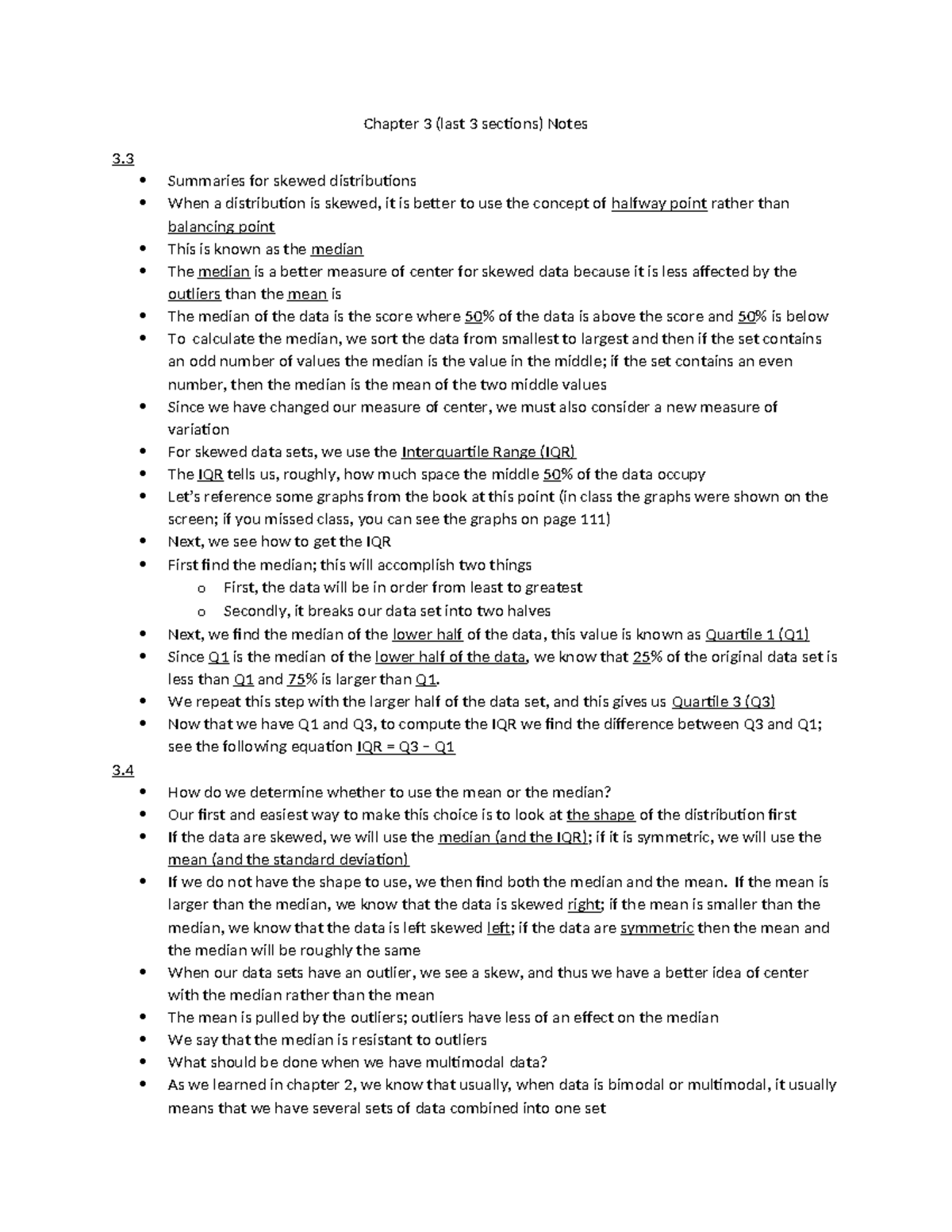 Chapter 3 Notes: Central Tendency & Data Summarization - Studocu