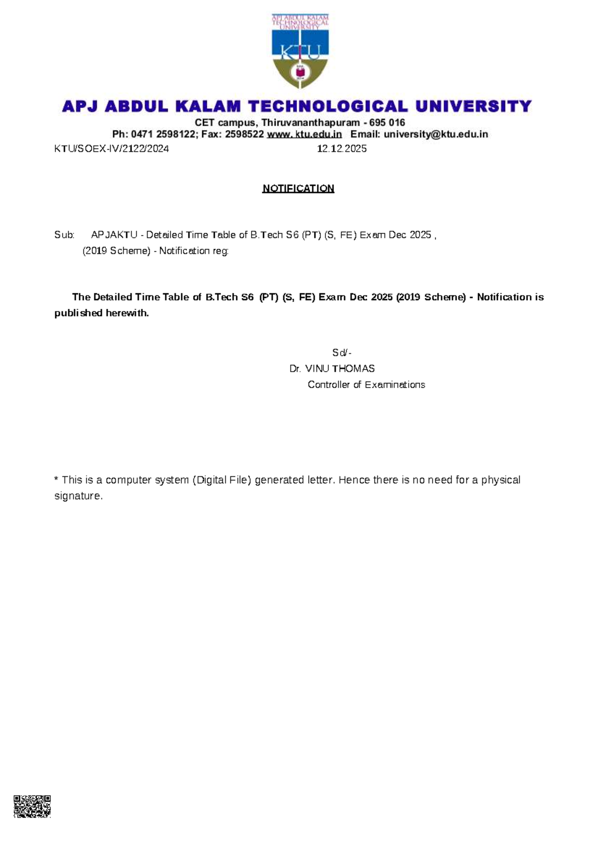 B.Tech S6 (PT) (S, FE) Dec 2025 Exam Detailed Time Table Notification ...