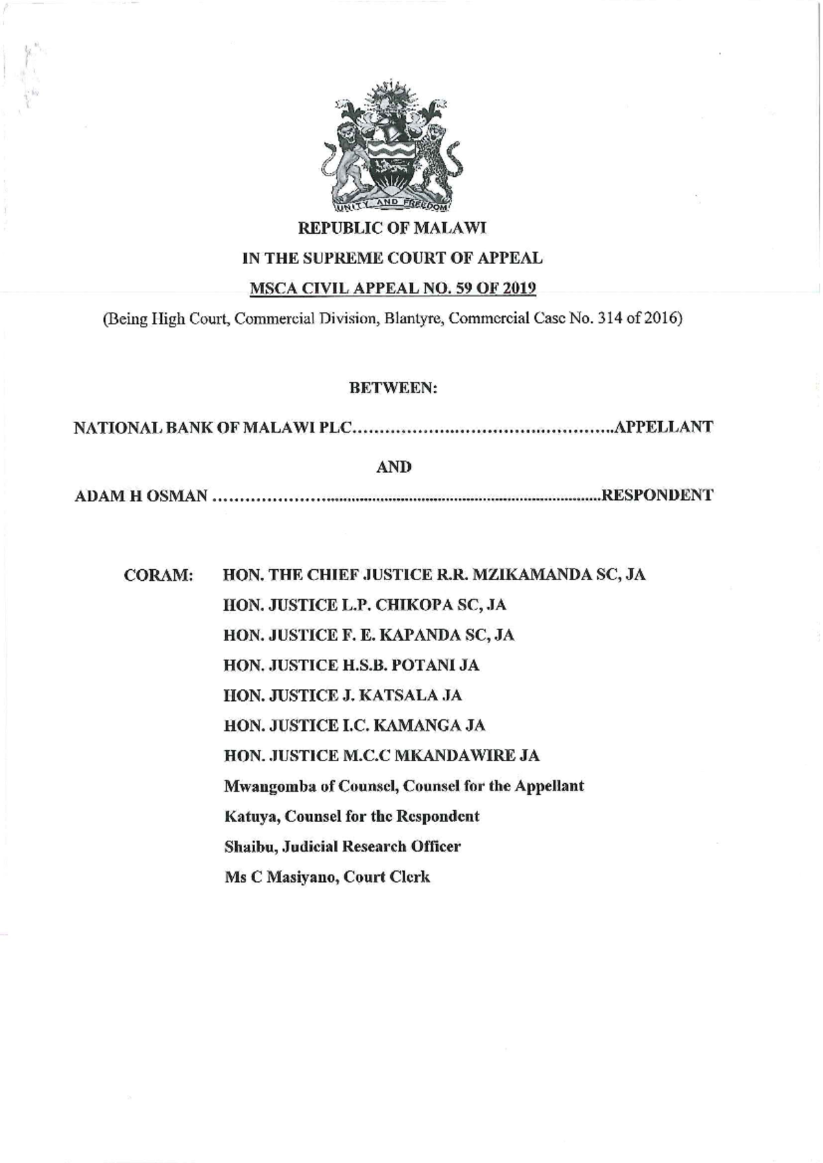 National Bank of Malawi PLC v Osman (MSCA Civil Appeal 59 of 2019 ) 2021 MWSC 18 (28 October ...