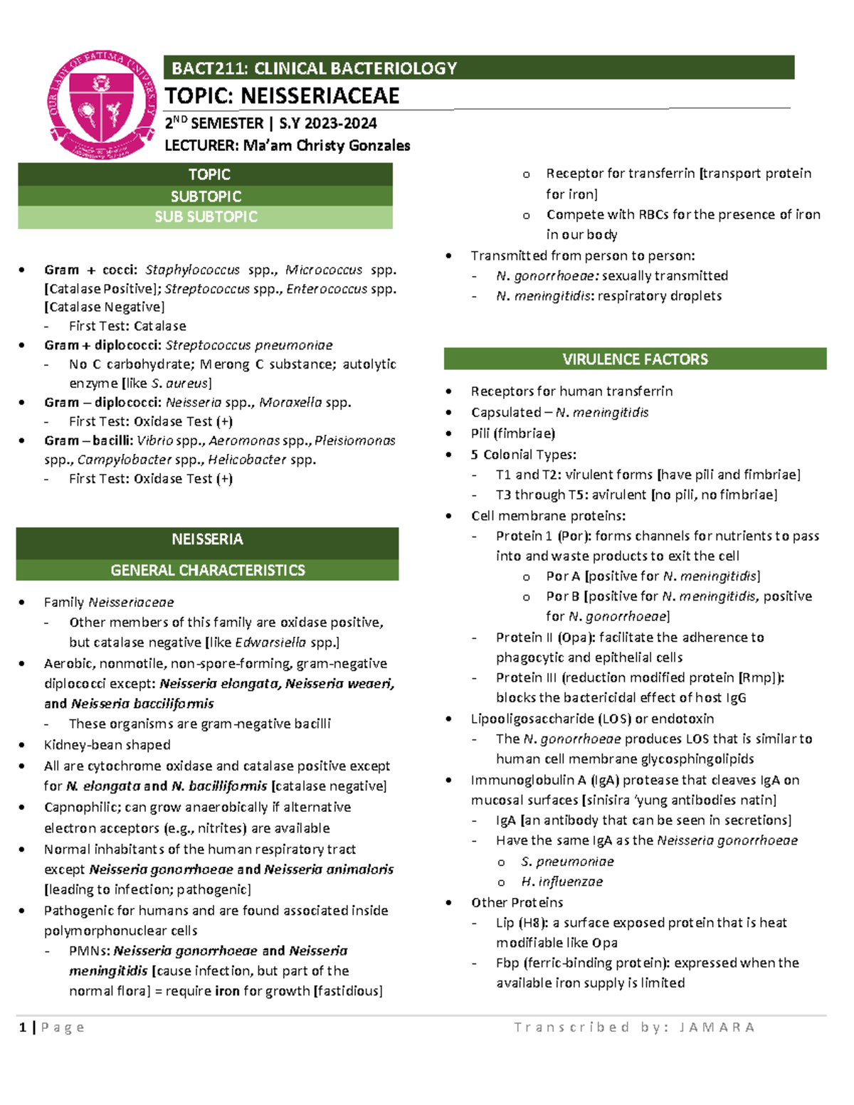 Bact211: Neisseriaceae Lecture Notes - Comprehensive Overview - Studocu