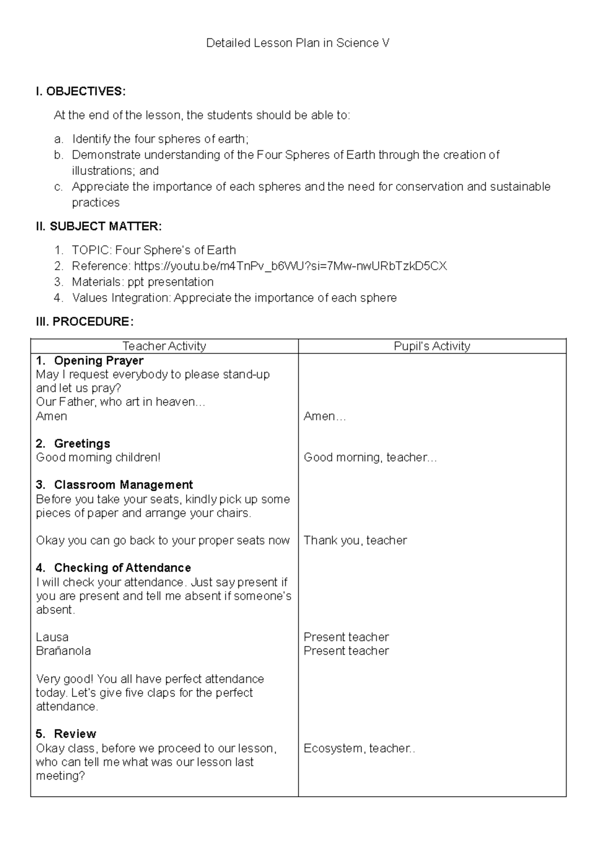 Detailed Lesson Plan: Four Spheres of Earth (Science V) - Studocu