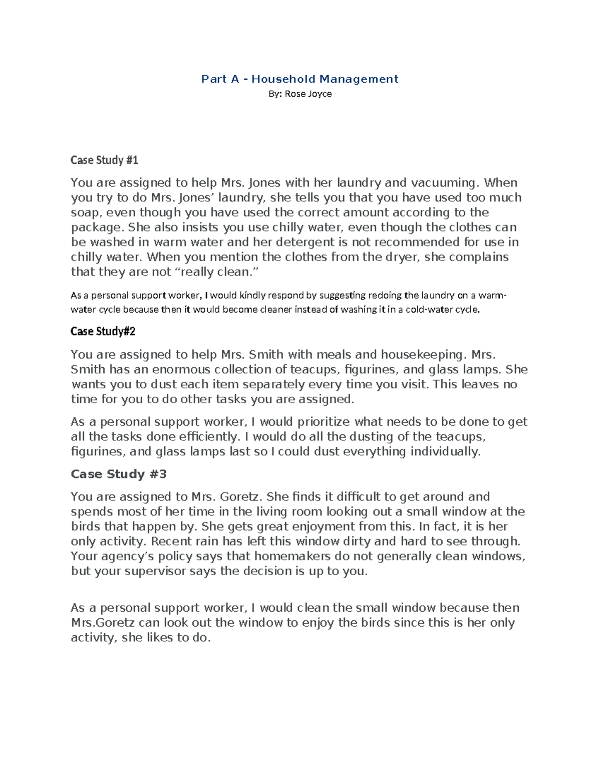 Case Study: Household Management in Personal Support Work - Studocu