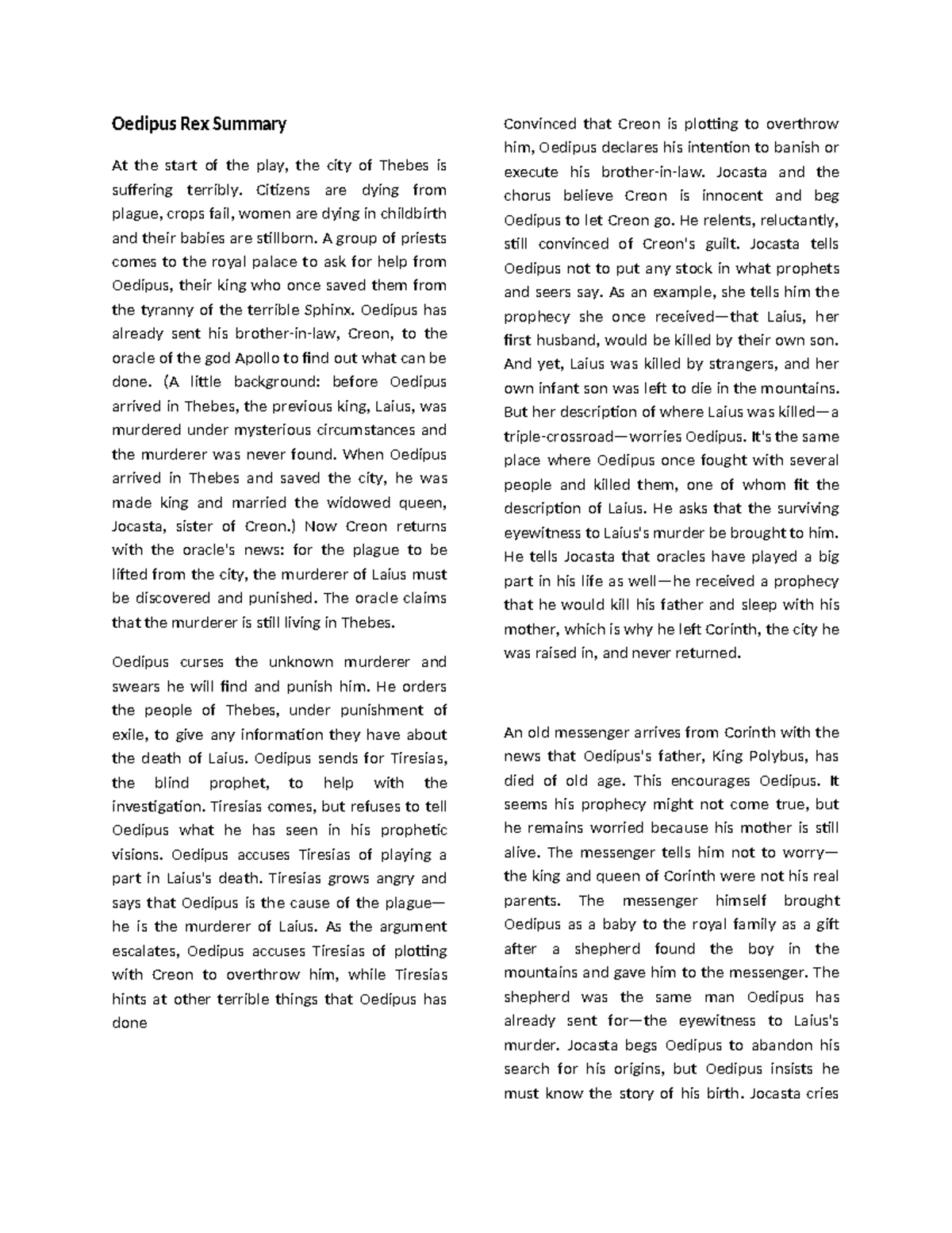 Oedipus Rex (ENG 101) Summary and Analysis of the Tragedy - Studocu