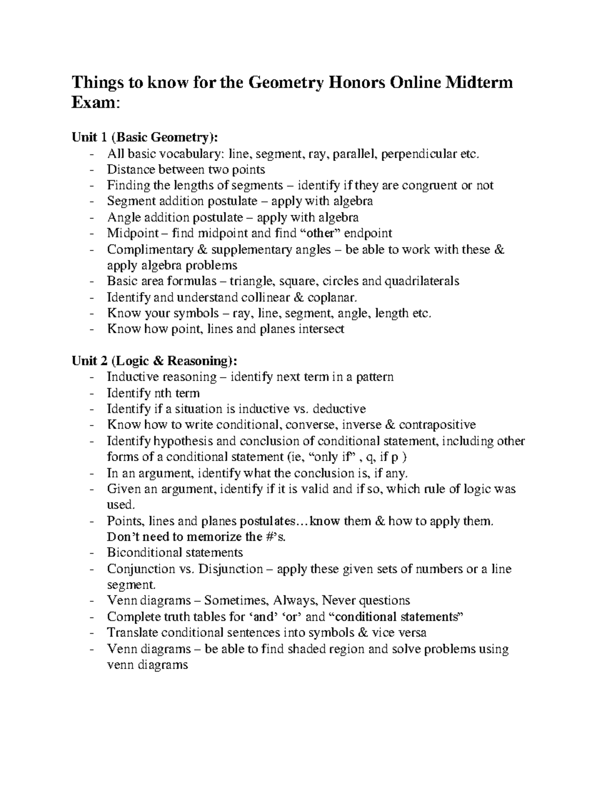 Geometry Honors Online Midterm Study Guide: Key Concepts & Units - Studocu