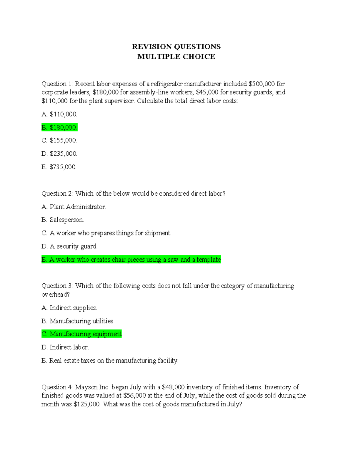 REVISION multiple choice question with answers - REVISION QUESTIONS ...