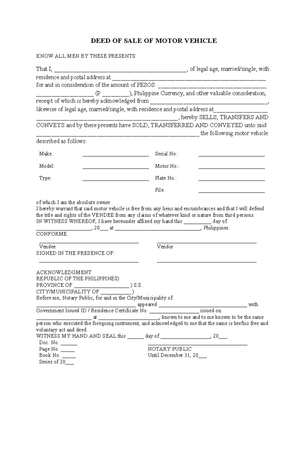 Deed of Sale Template for Motor Vehicle - Legal Document - Studocu