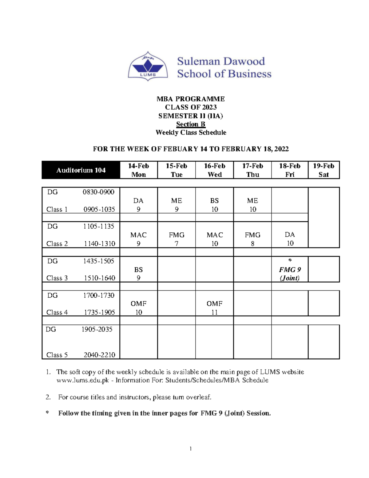 MBA 2023 Weekly Schedule - MBA PROGRAMME CLASS OF 2023 SEMESTER II (IIA ...