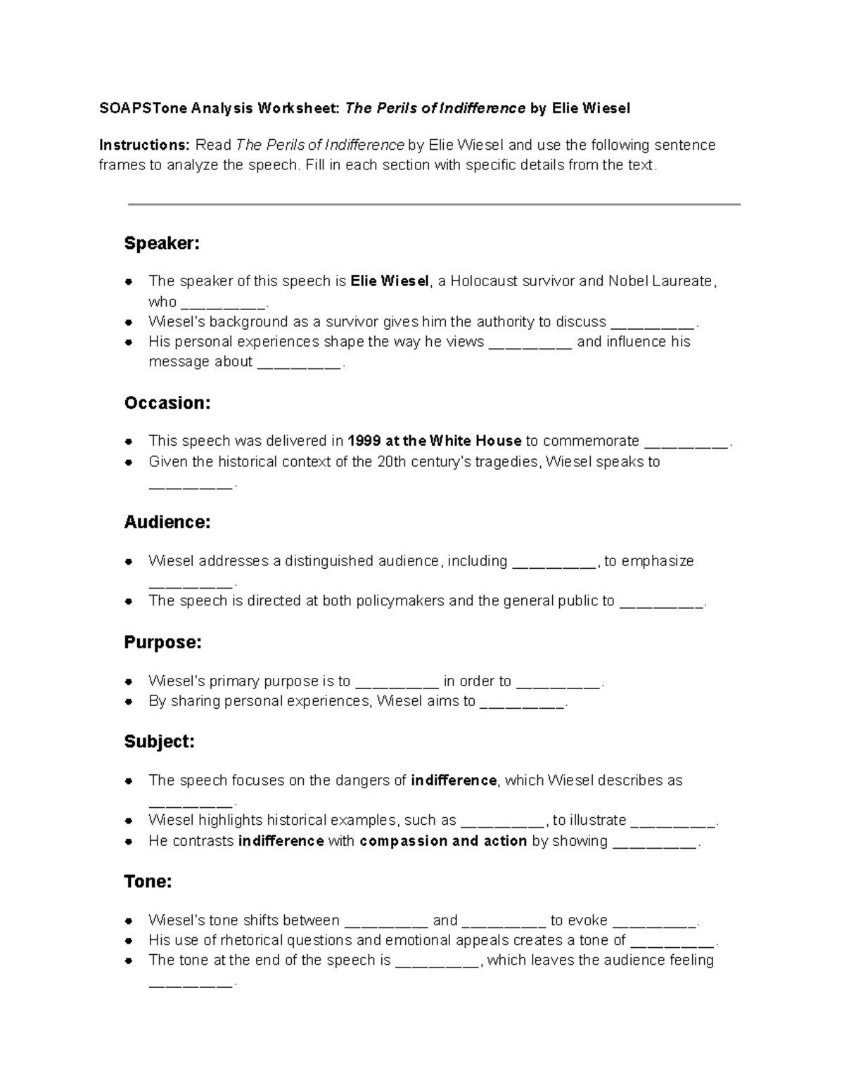 SOAPSTone Analysis Worksheet: Elie Wiesel's The Perils of Indifference ...