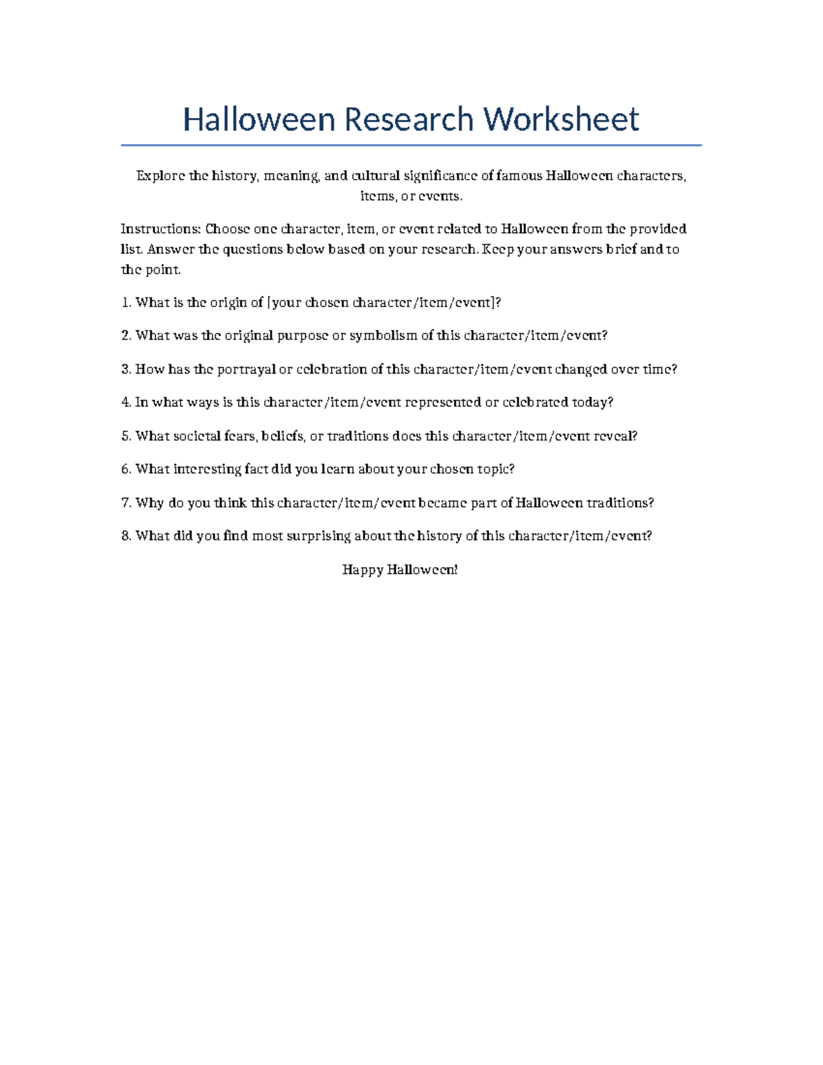 Halloween Research Worksheet: Exploring Characters & Traditions - Studocu