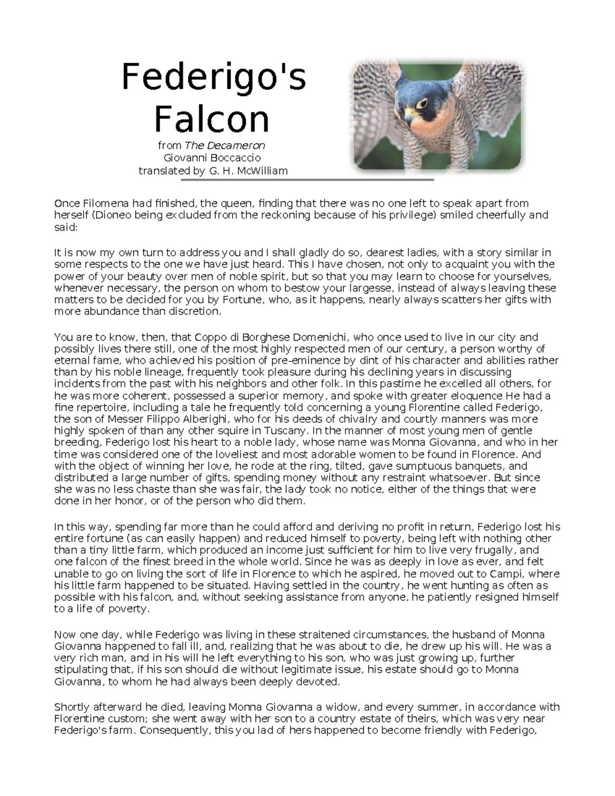 Federigo's Falcon: Analysis and Discussion Questions (ENG 202311508 ...