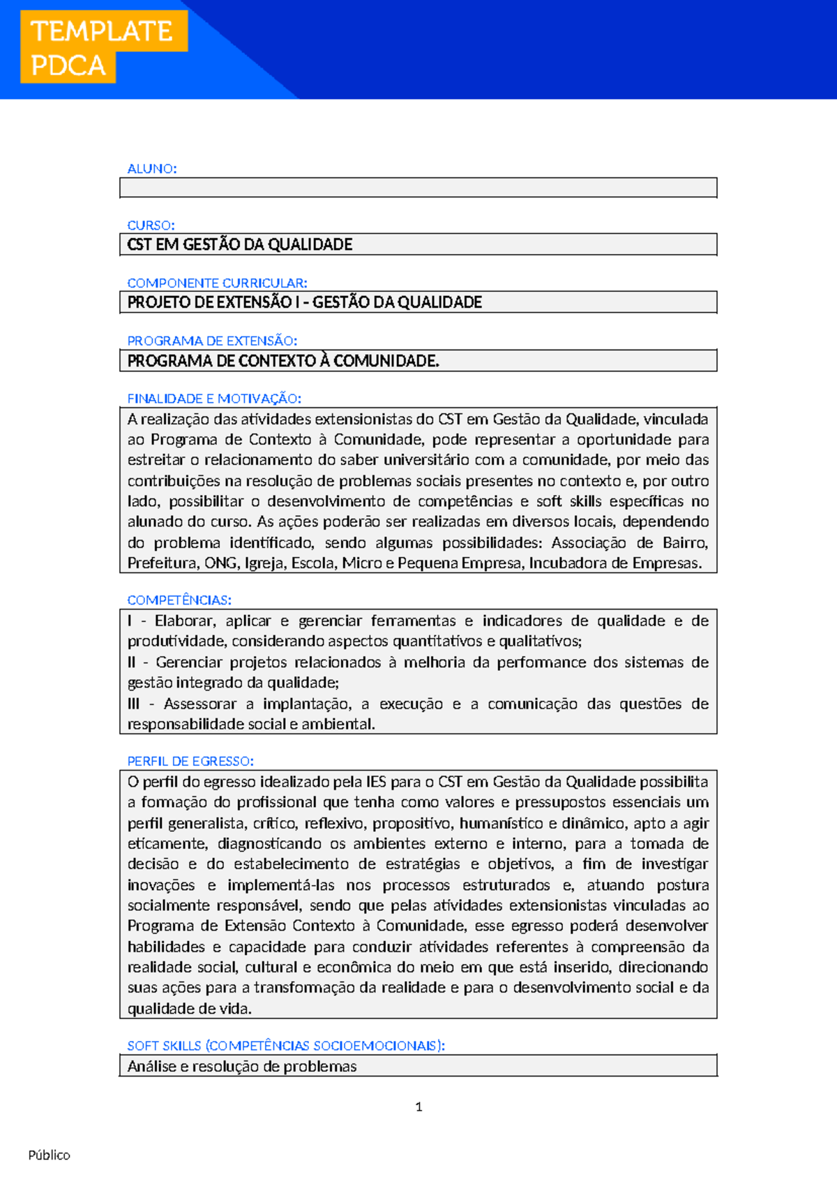 Template PDCA para Projeto de Extensão I - CST em Gestão da Qualidade ...