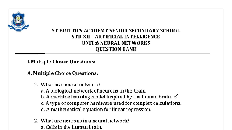 STD XII AI Neural Networks Unit 6 Question Bank - Studocu