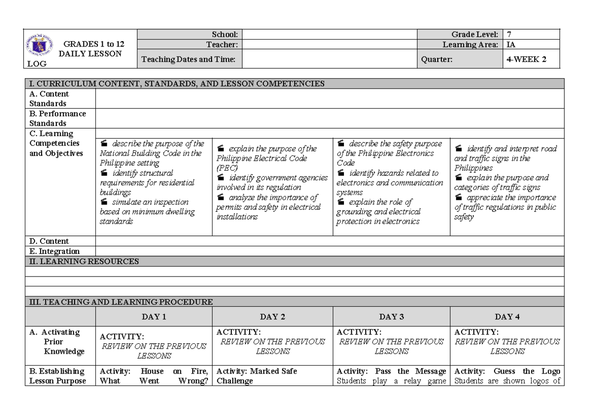 Q4_LE_TLE 7_Lesson Plan: Building Codes & Safety Standards - Studocu