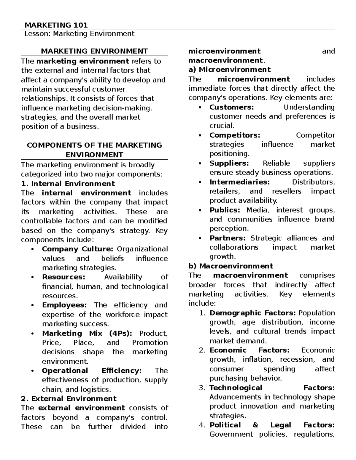 Marketing 101 Marketing Environment - MARKETING 101 Lesson: Marketing ...