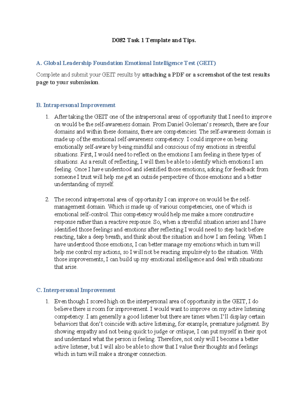 D082 Task 1 - Passed task 1 - D082 Task 1 Template and Tips. A. Global Leadership Foundation ...
