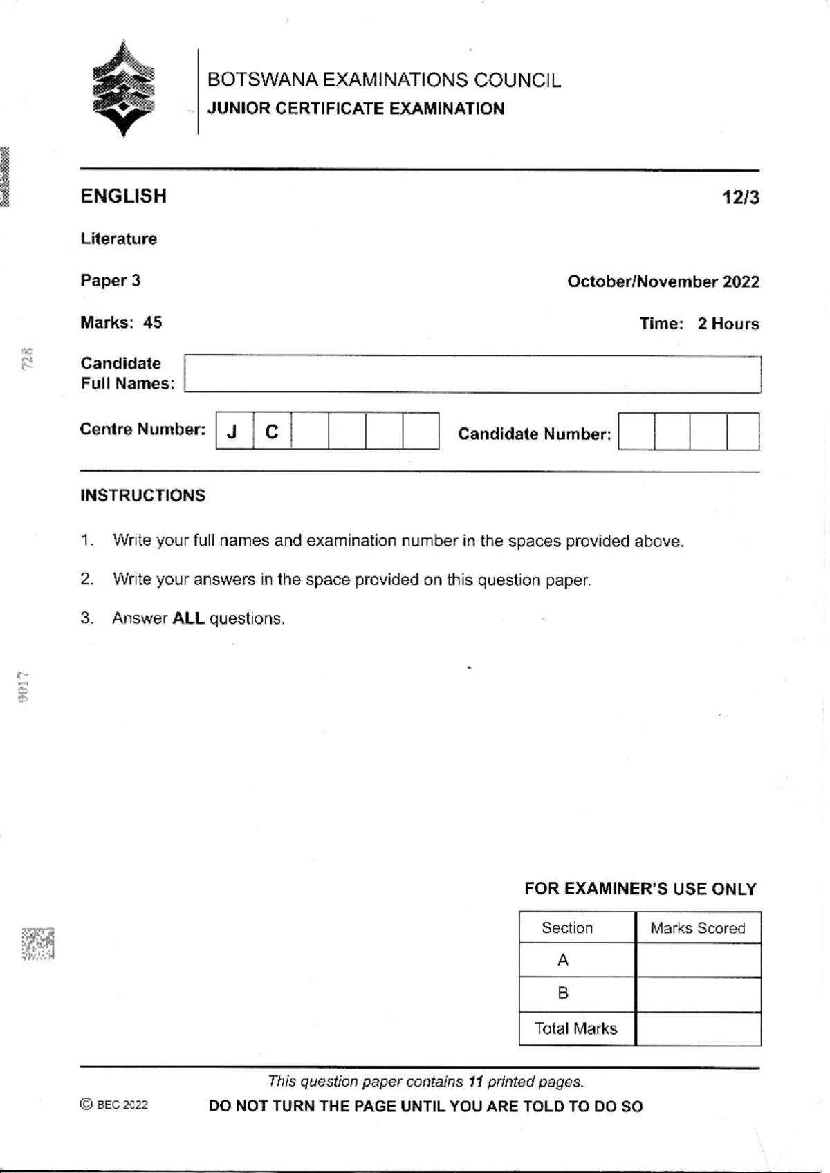 English 12T3 Literature Paper 3 Exam 2022: Poetry & Short Story ...