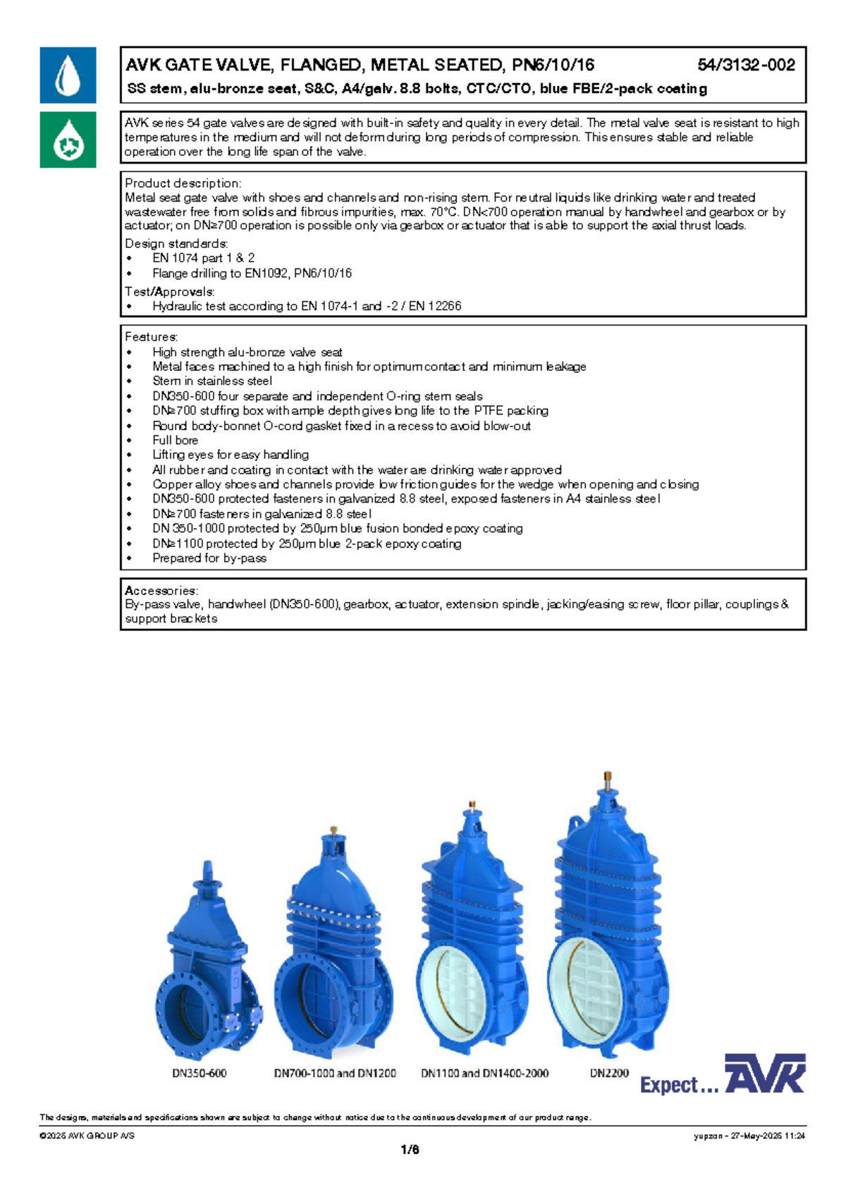 AVK 54-3132-002 Gate Valve, Flanged, Metal Seated, PN6-10-16 DN350-2200 ...