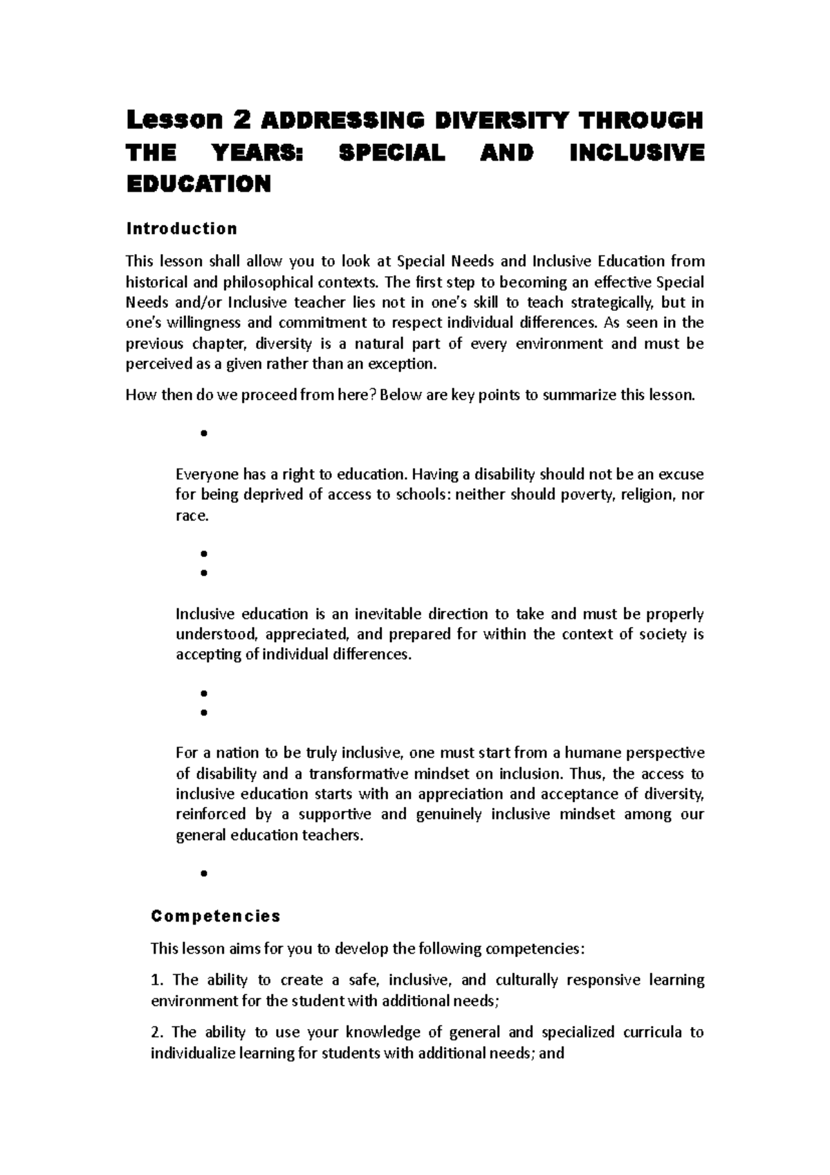 Lesson 2: Addressing Diversity in Special & Inclusive Education - Studocu