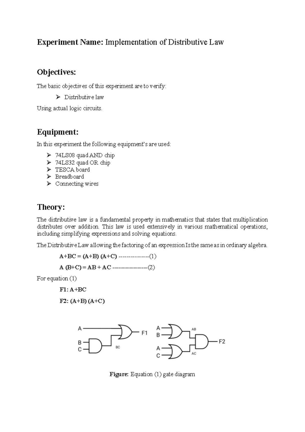 DLD Lab 2: Verification of Distributive Law Using Logic Circuits - Studocu