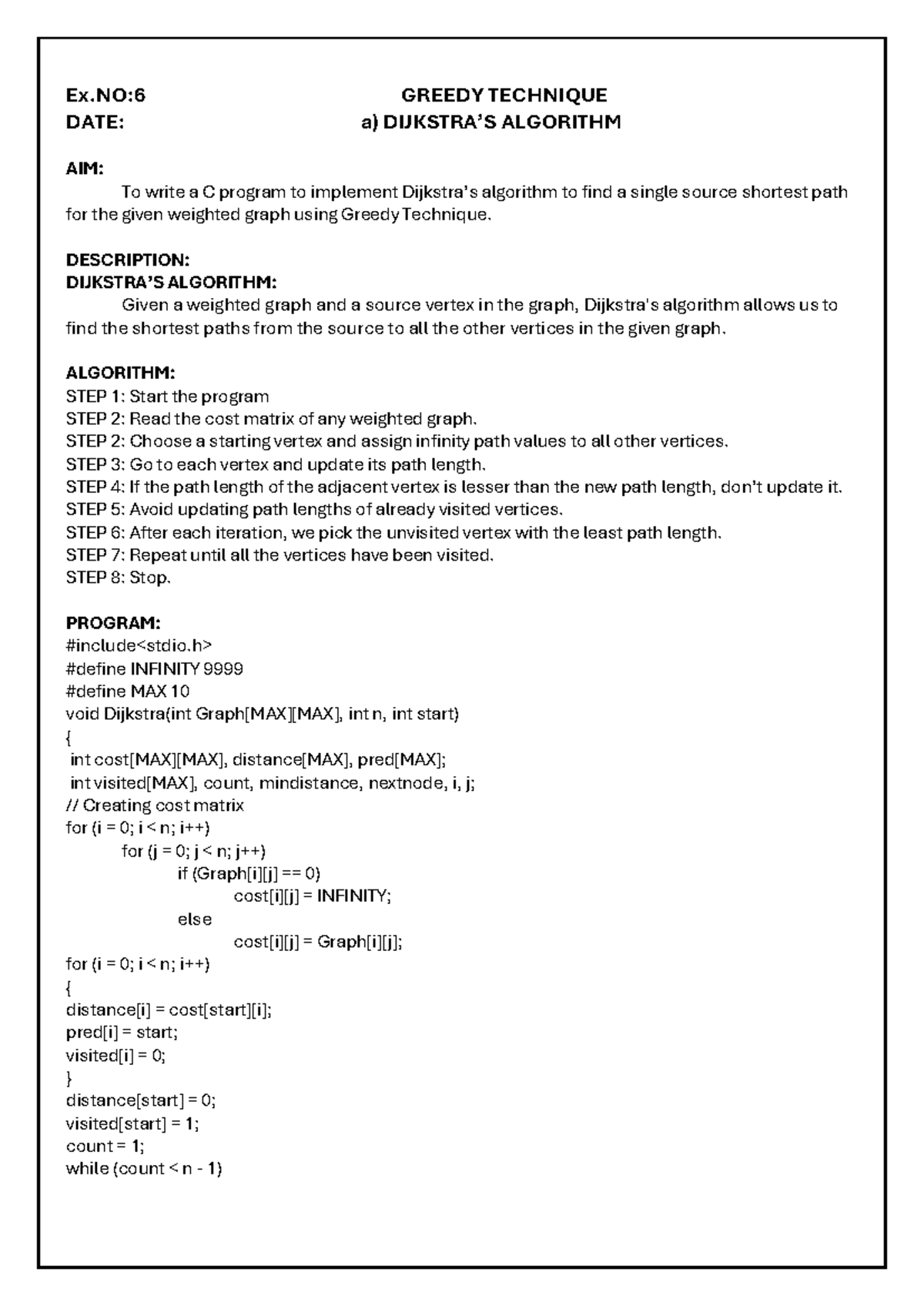 Ex.6 DAA Lab Notes: Greedy Technique & Knapsack Problem - Studocu