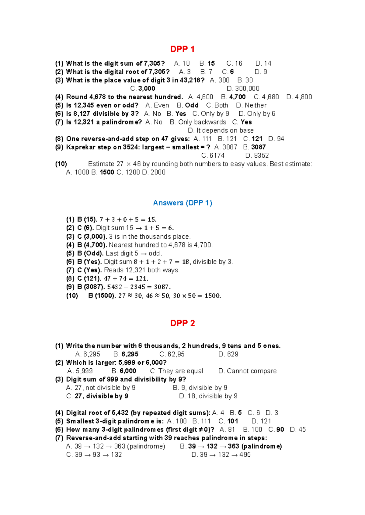 Number Play DPP 1 & DPP 2: Digit Sums, Roots, and Palindromes - Studocu