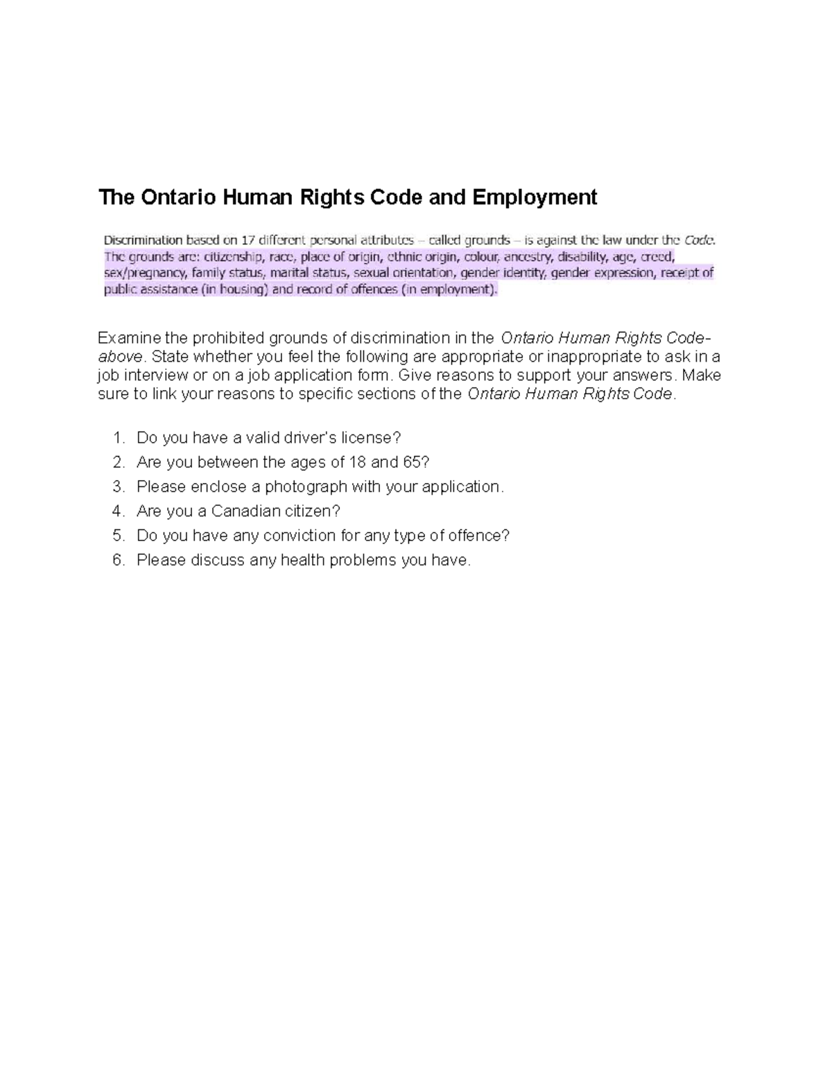 Ontario Human Rights Code: Discrimination in Employment Practices - Studocu