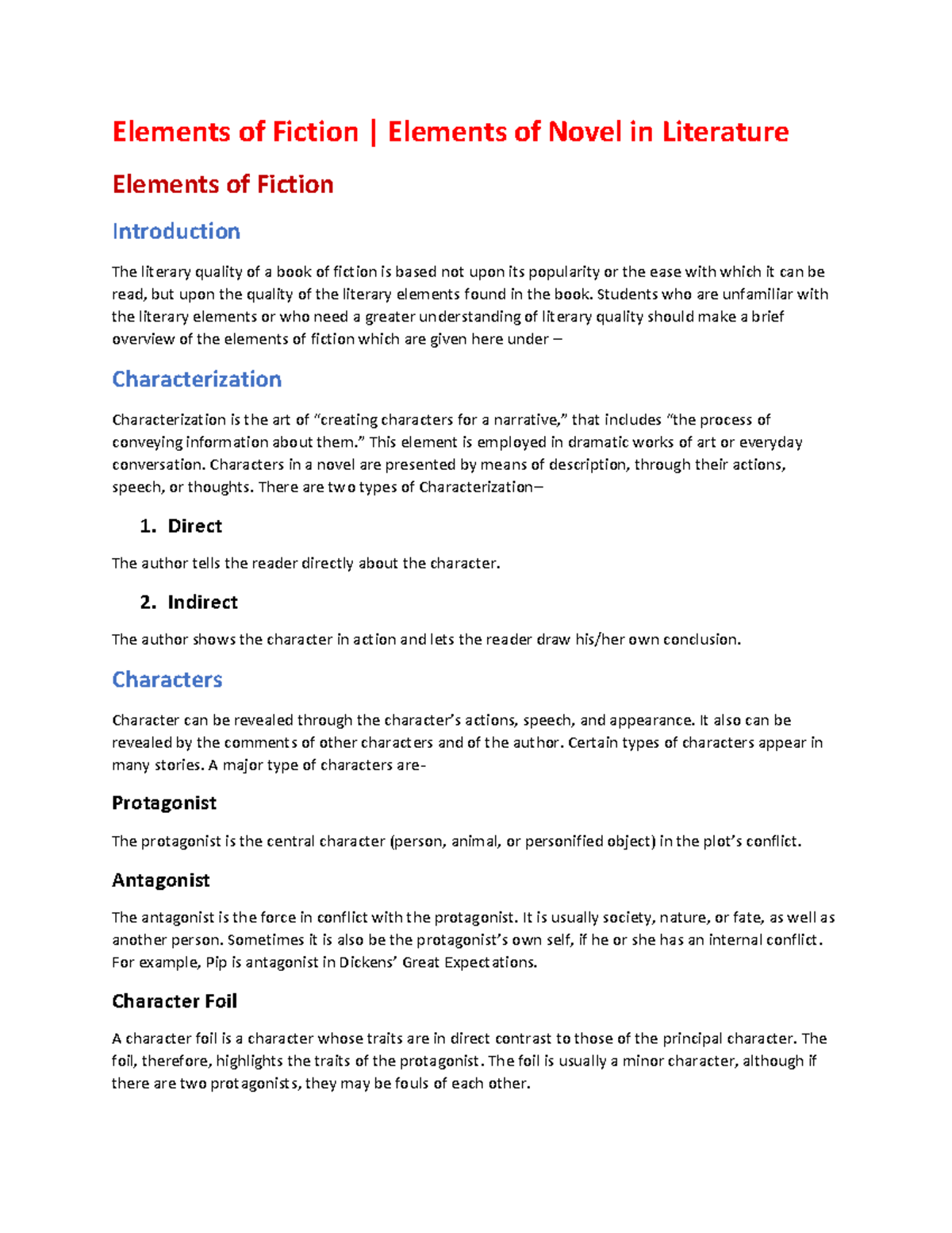 Elements of Fiction Elements of Novel in Literature - Elements of ...