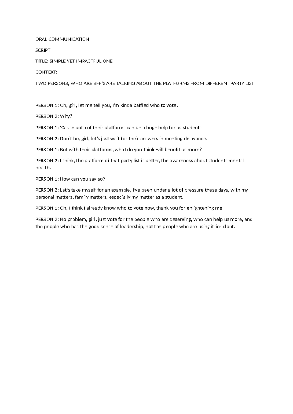 ORAL- Communication- Script - ORAL COMMUNICATION SCRIPT TITLE: SIMPLE ...