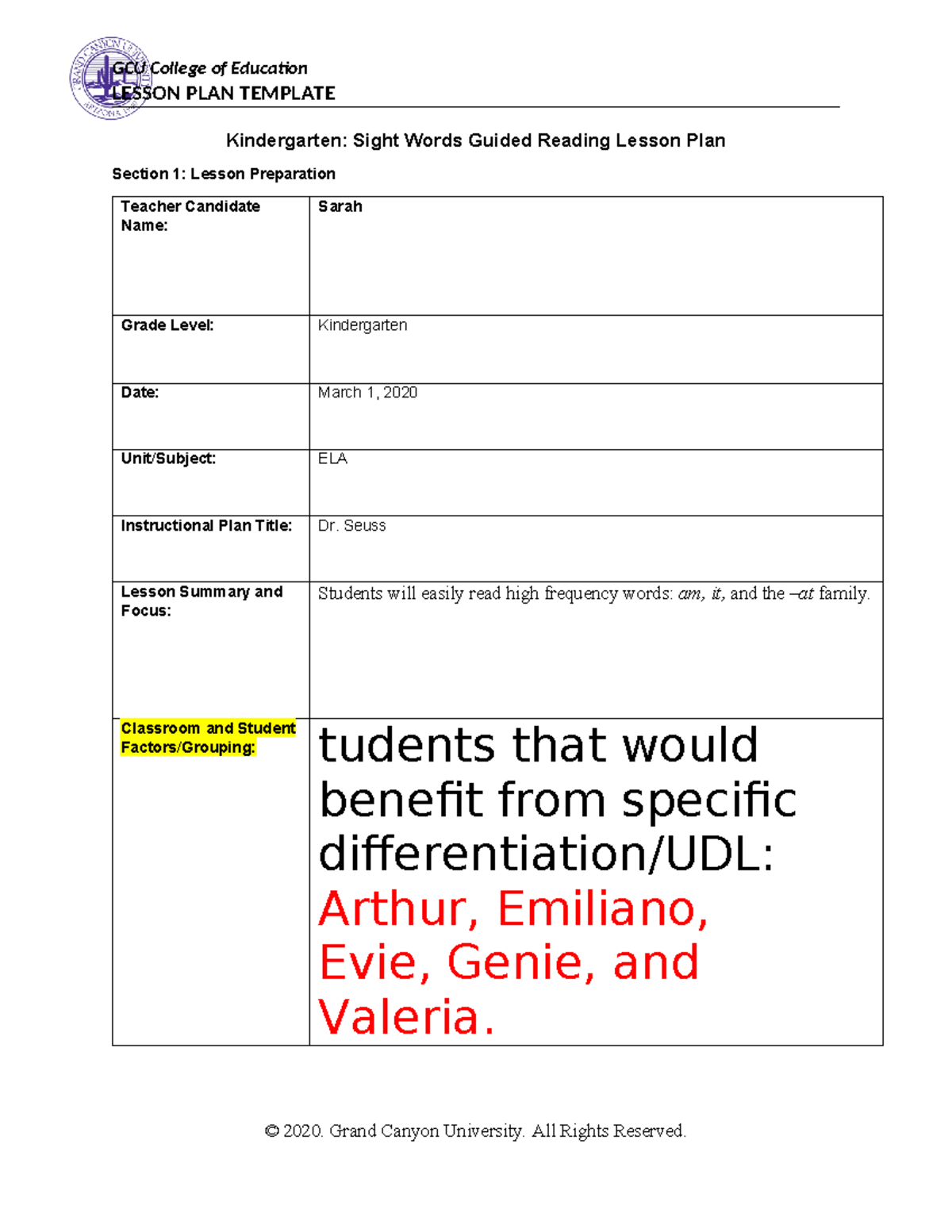 Guided Reading Lesson Plan2 - LESSON PLAN TEMPLATE Kindergarten: Sight ...