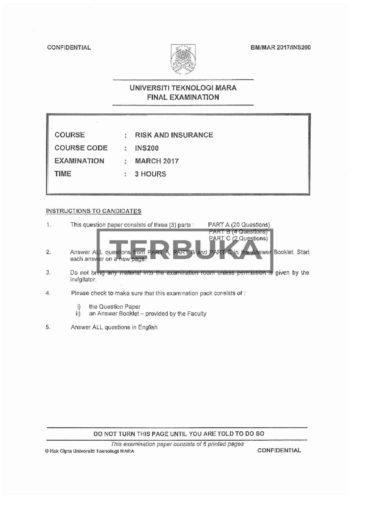 INS200 Final Exam March 2017 - Risk and Insurance Past Year Paper - Studocu