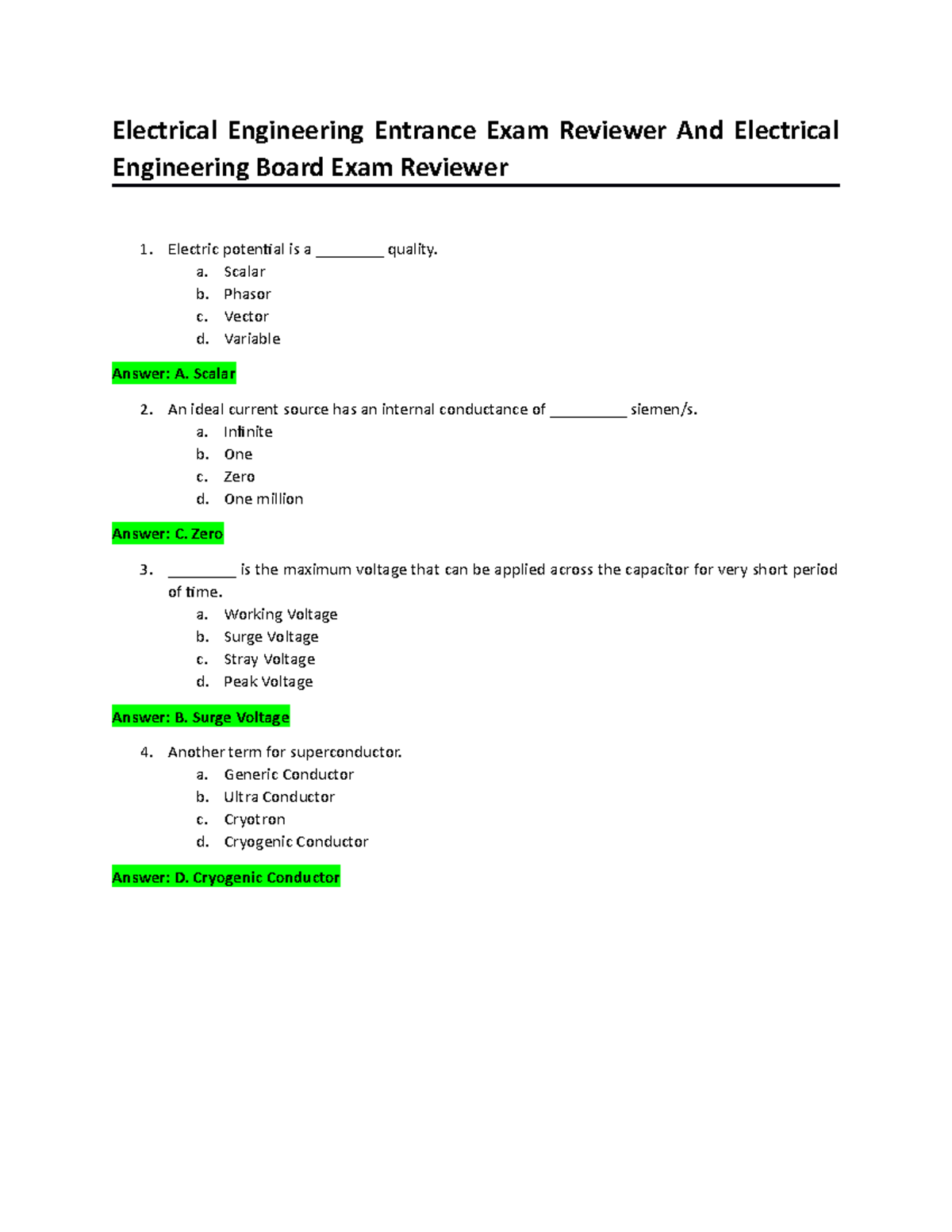 Electrical Engineering Entrance & Board Exam Reviewer Guide - Studocu