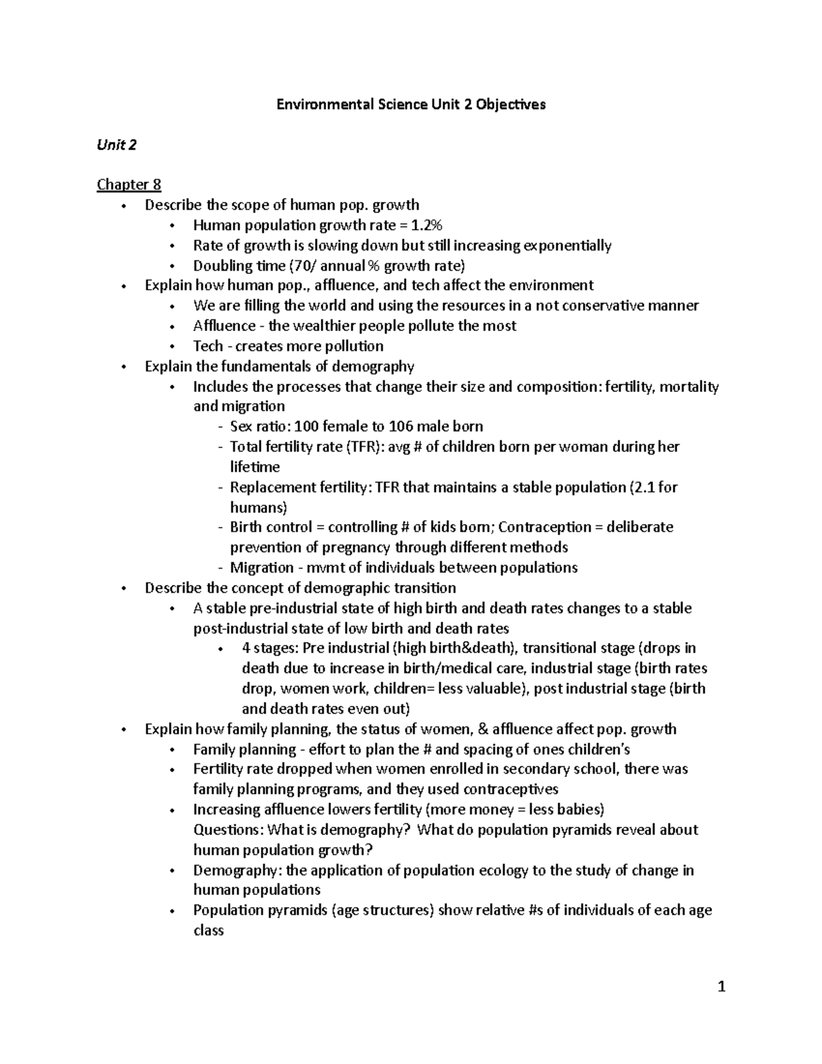 Environmental Science Unit 2: Agriculture, Population Growth, and ...