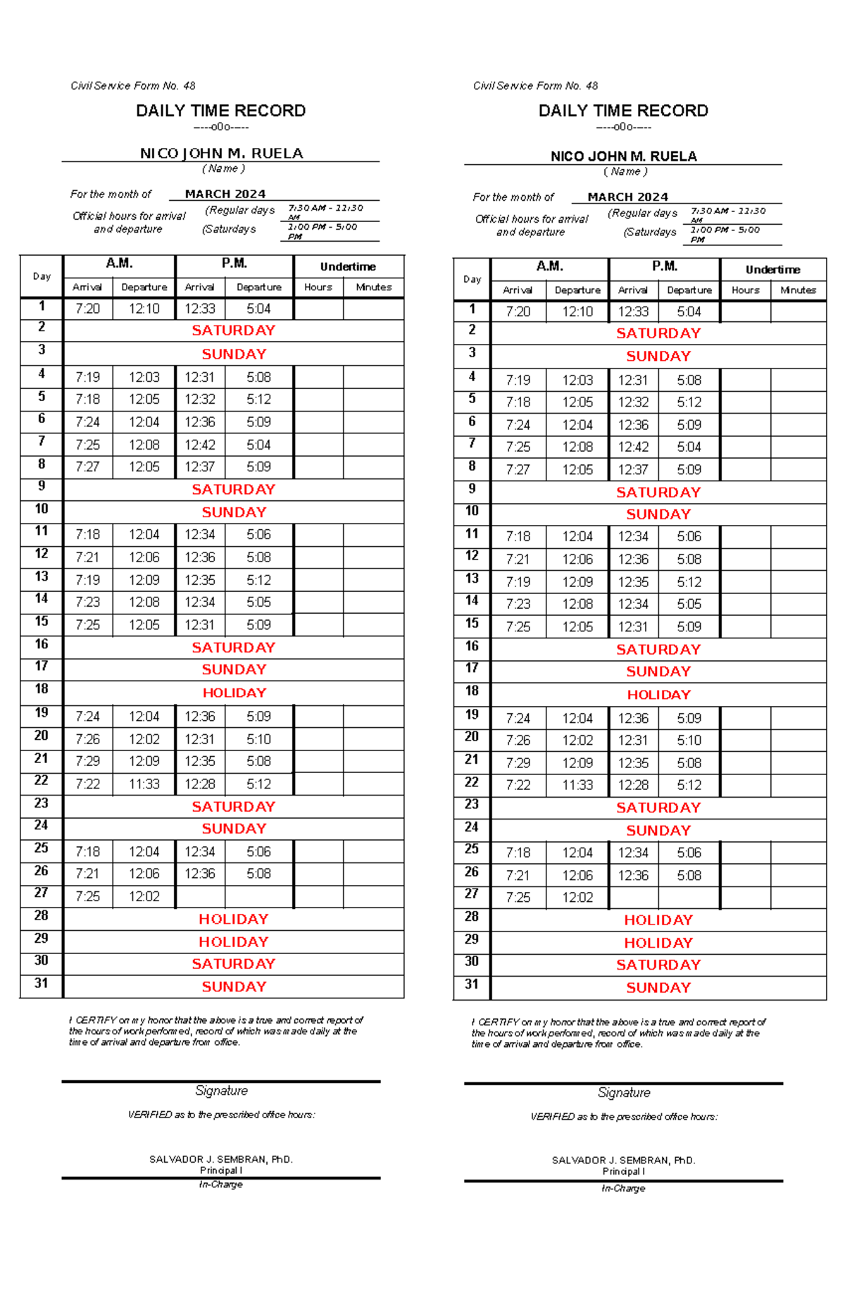 DTR - Civil Service Form No. 48 - Daily Time Record Sample - Mar 2024 ...