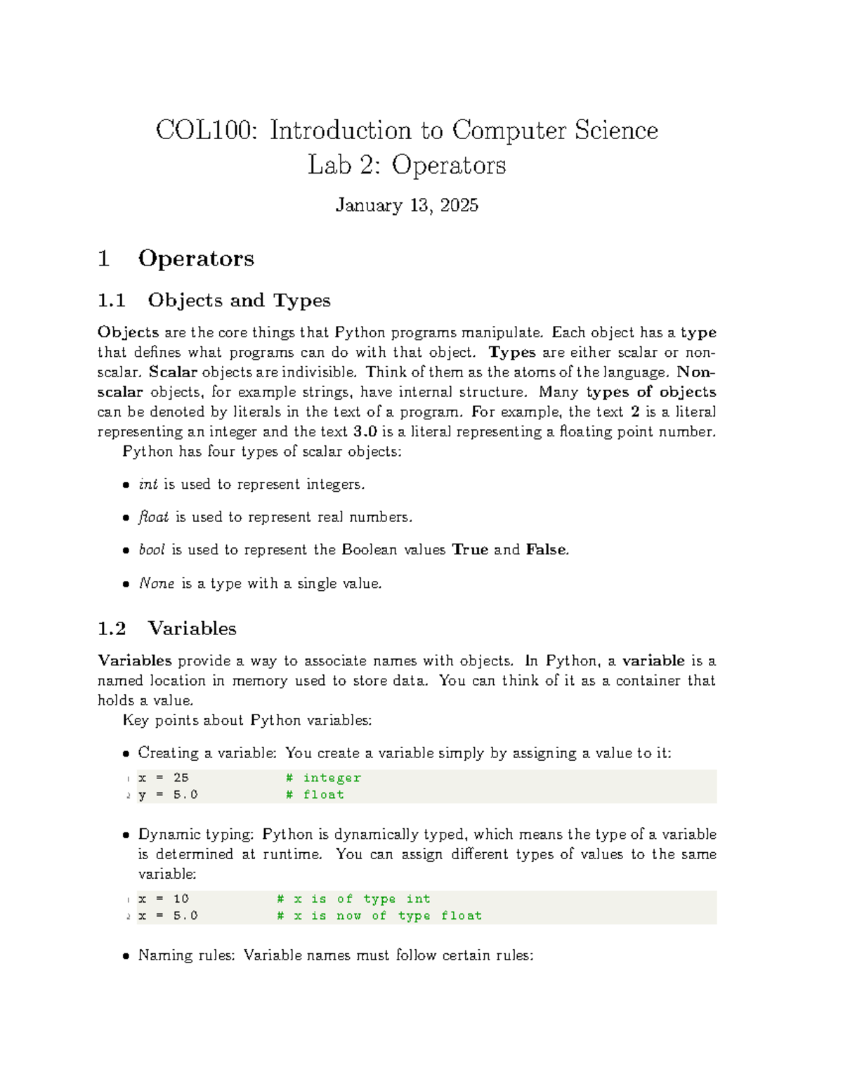 COL100: Lab 2 - Operators in Python Programming Basics - Studocu