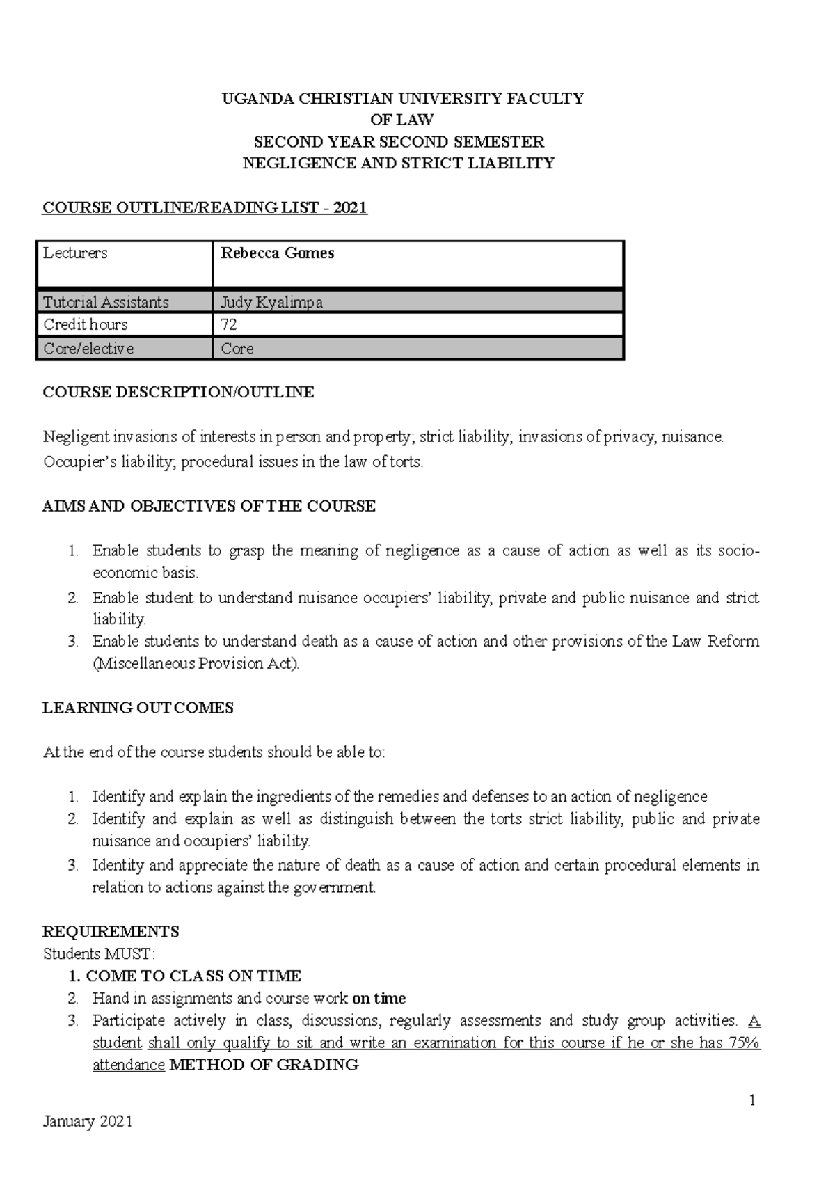 Negligence and Strict Liability Course Outline - UCU LAW 2023 - Studocu