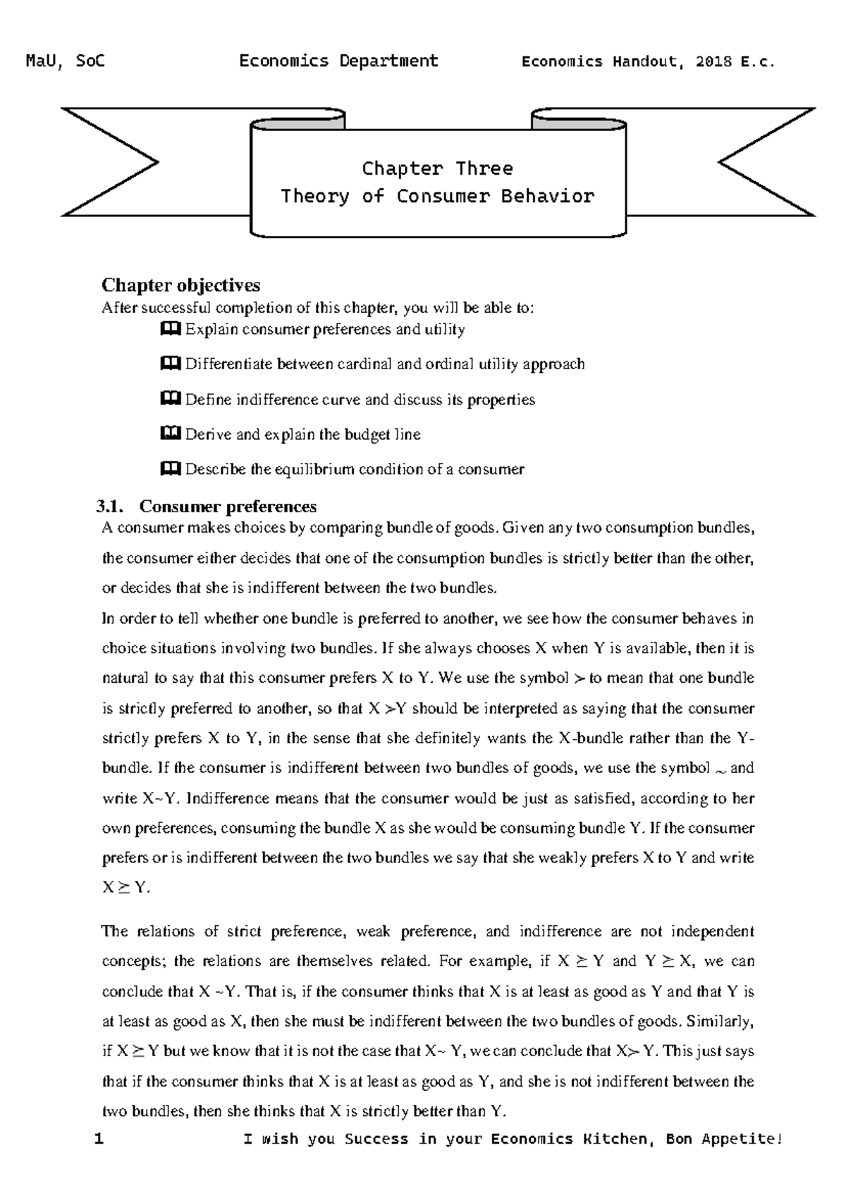 Economics Handout: Chapter 3 - Theory of Consumer Behavior (MaU, SoC ...