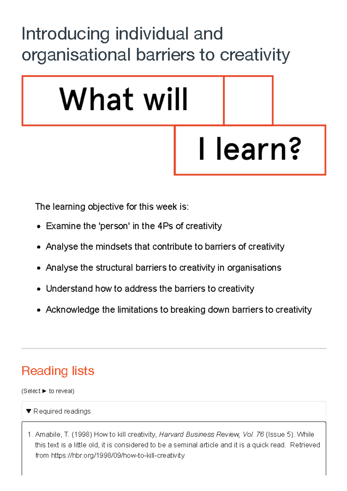 Week 3: Barriers to Creativity in Individuals & Organizations (BUSS5221 ...