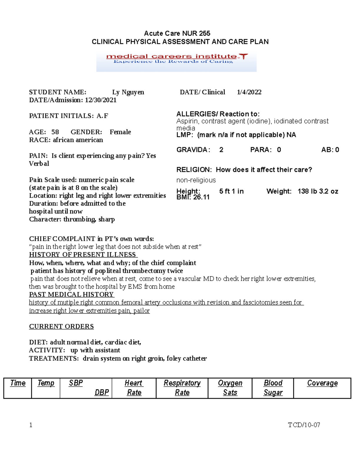 Care plan 2 for clinical - Acute Care NUR 255 CLINICAL PHYSICAL ...