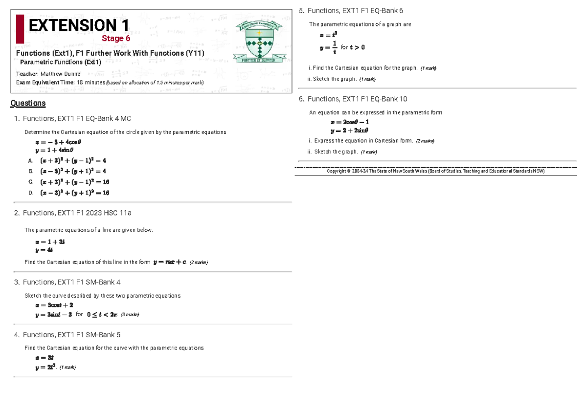 Parametric Equations: HSC EXT1 F1 Questions & Solutions - Studocu