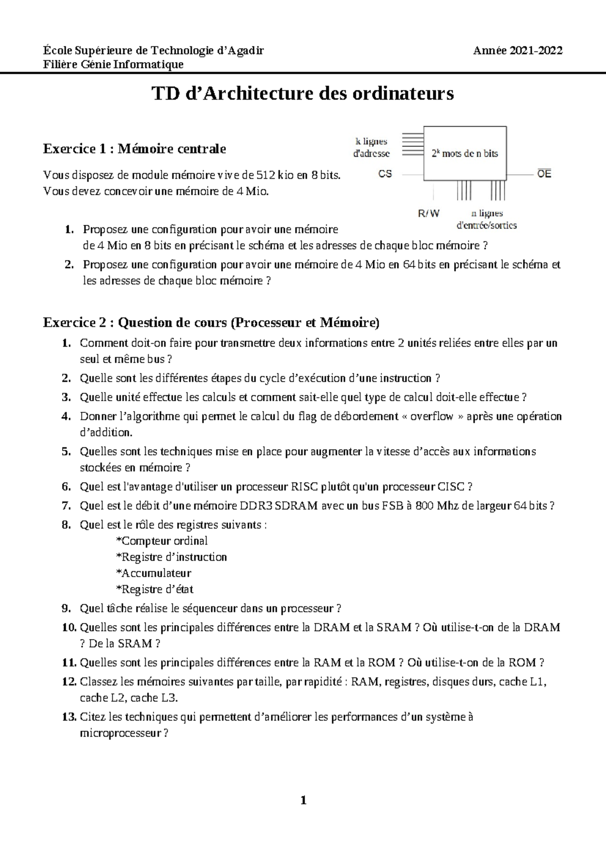 TD d’Architecture 2021: Exercice Corrigé sur Processeurs et Mémoire ...