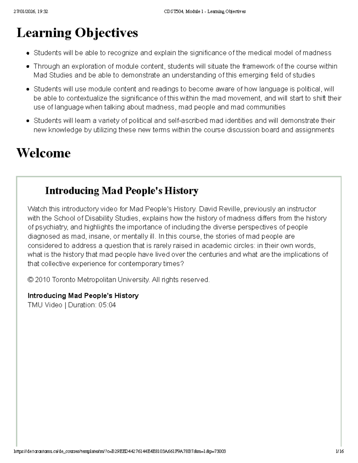 CDST504: Module 1 Learning Objectives in Mad Studies - Studocu