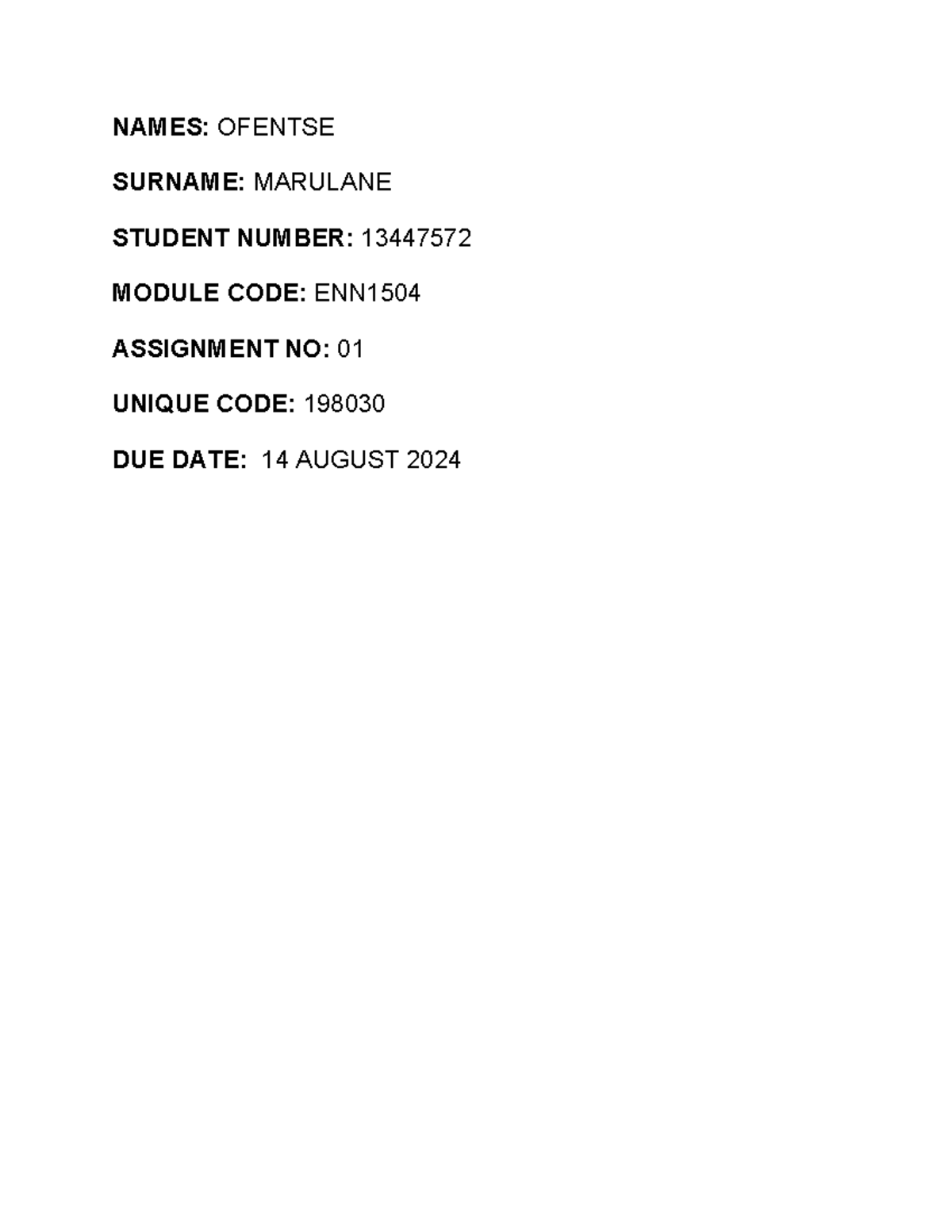 Assignment 1 - NAMES: OFENTSE SURNAME: MARULANE STUDENT NUMBER ...