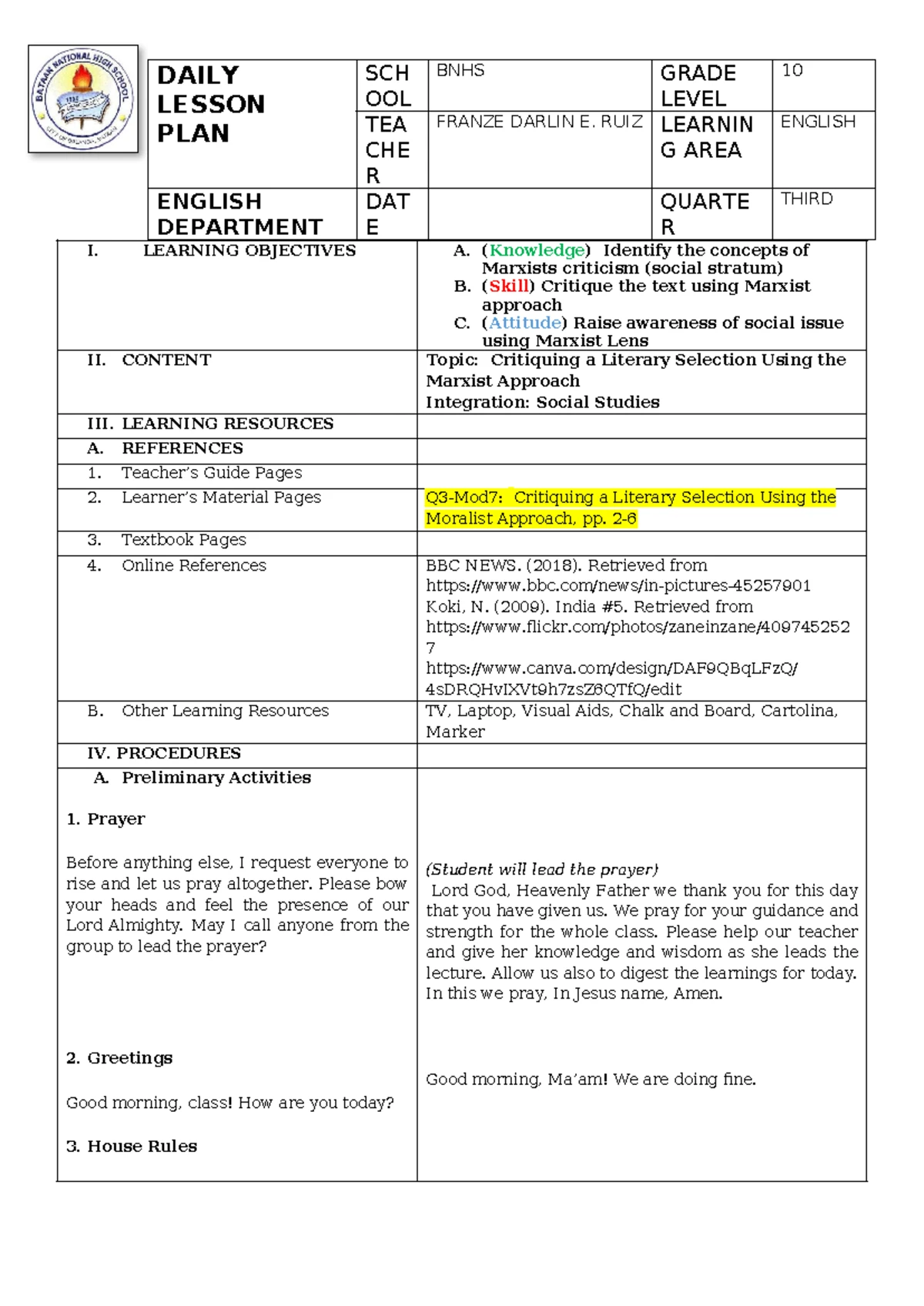 DLP08-Expanded Definitions and Lesson Plan for English 10 - Studocu