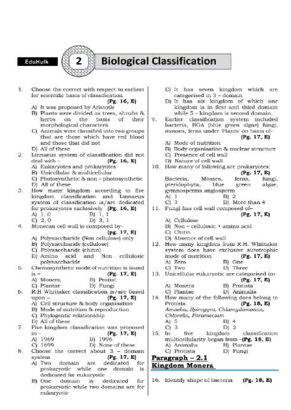 EduHulk 2 Biological Classification NCERT MCQs - 3 - Studocu